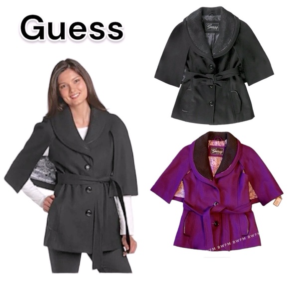Guess | Jackets & Coats | Nwt Purple Guess Cape Belted Wool Coat M ...